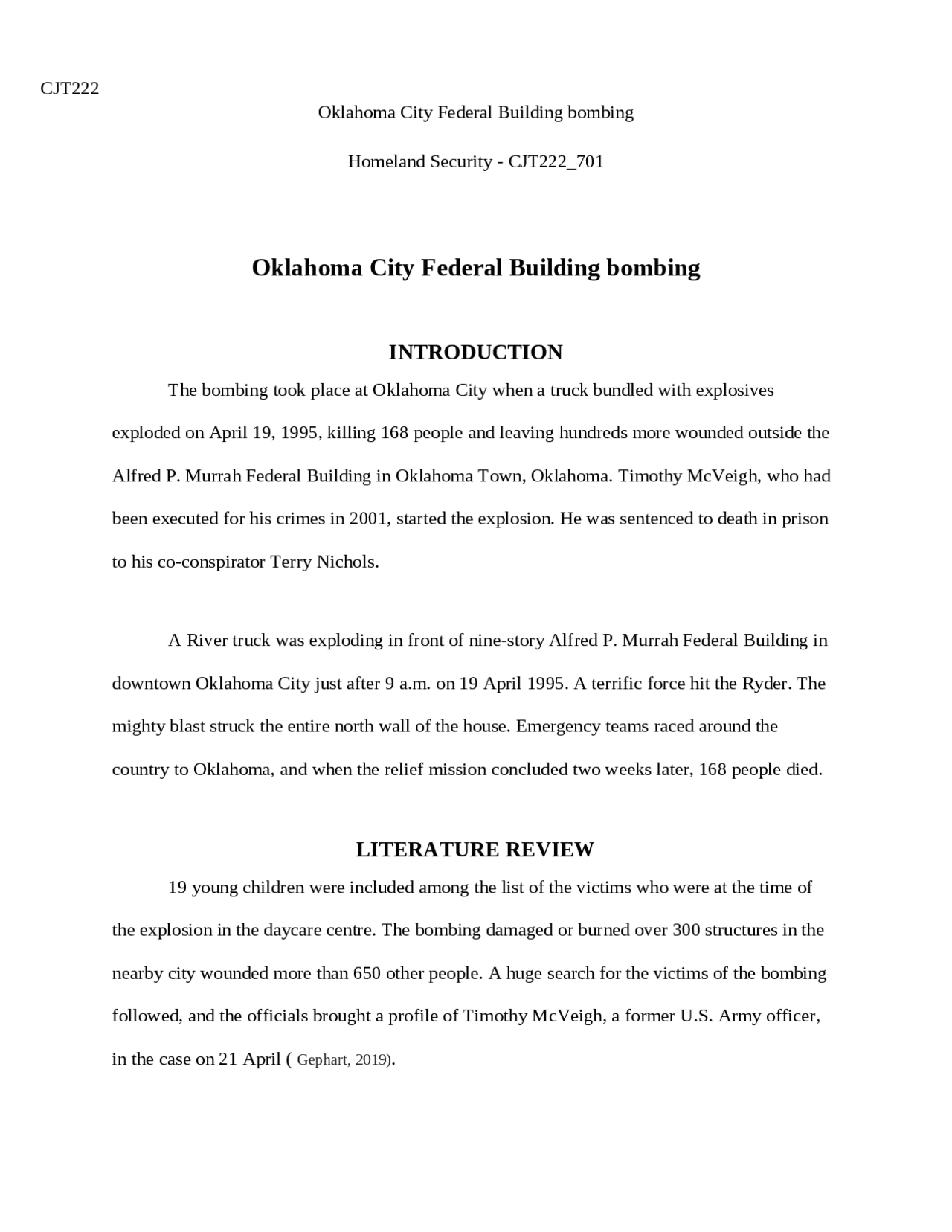 The Oklahoma City Federal Building Bombing: A Study of Domestic ...