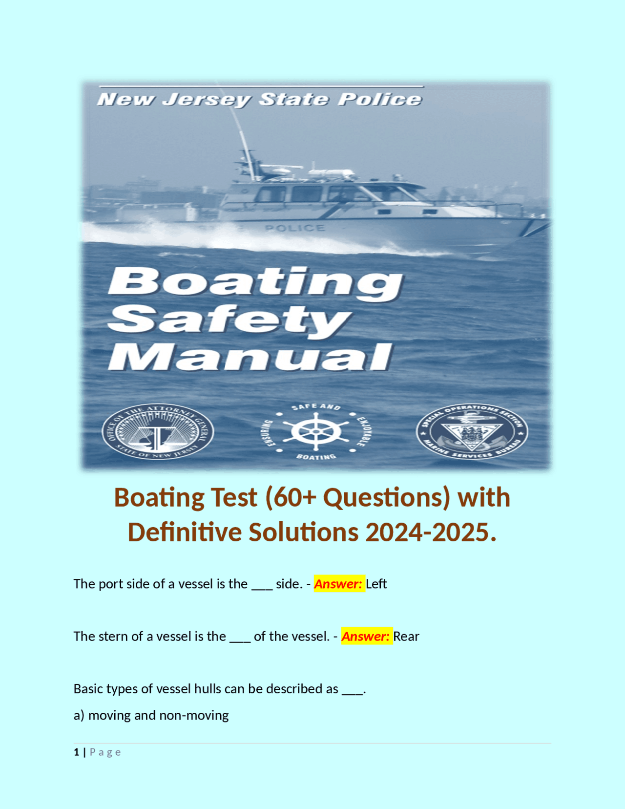 Boating Test (60+ Questions) | Exams Maritime Law | Docsity