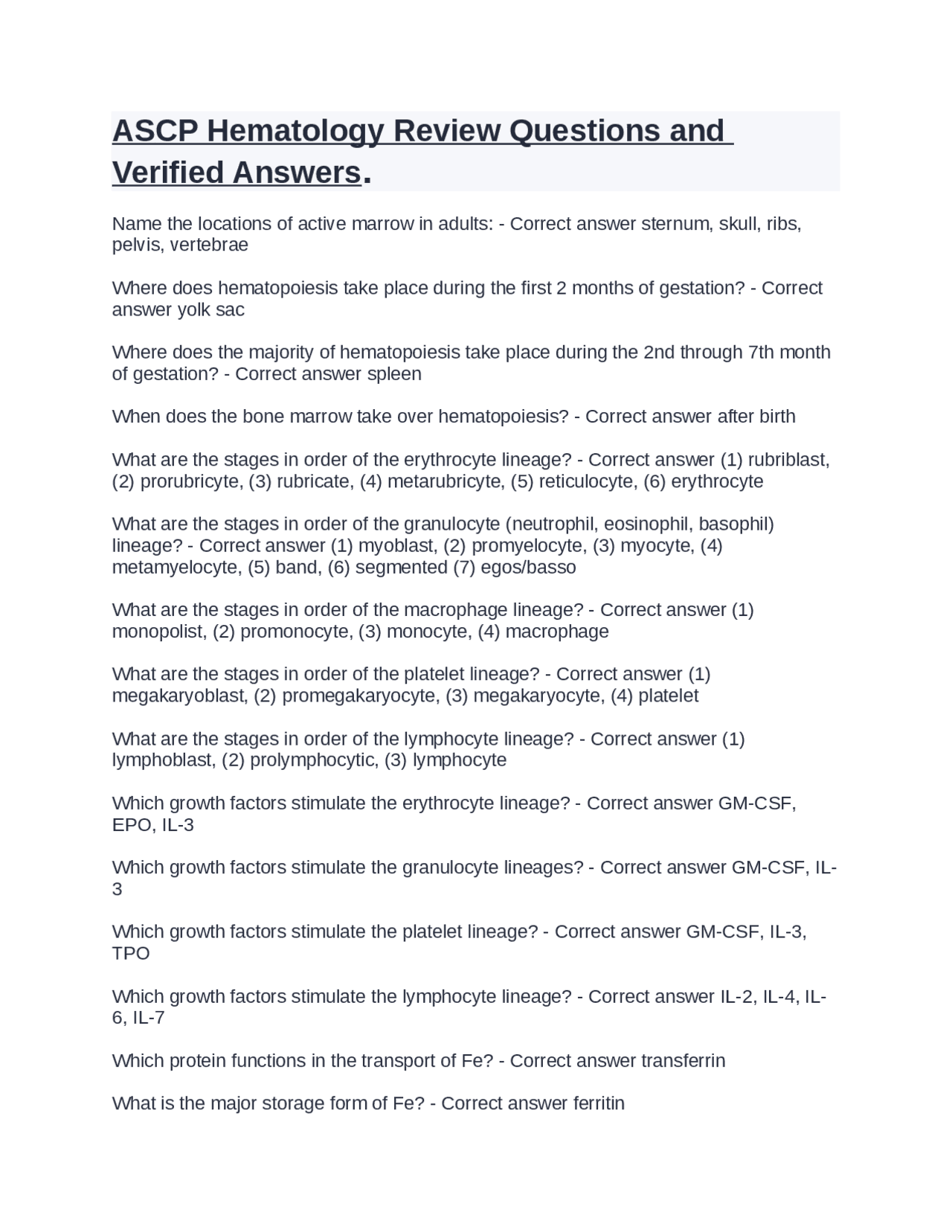 ASCP Hematology Review Questions and Verified Answers. | Exams ...