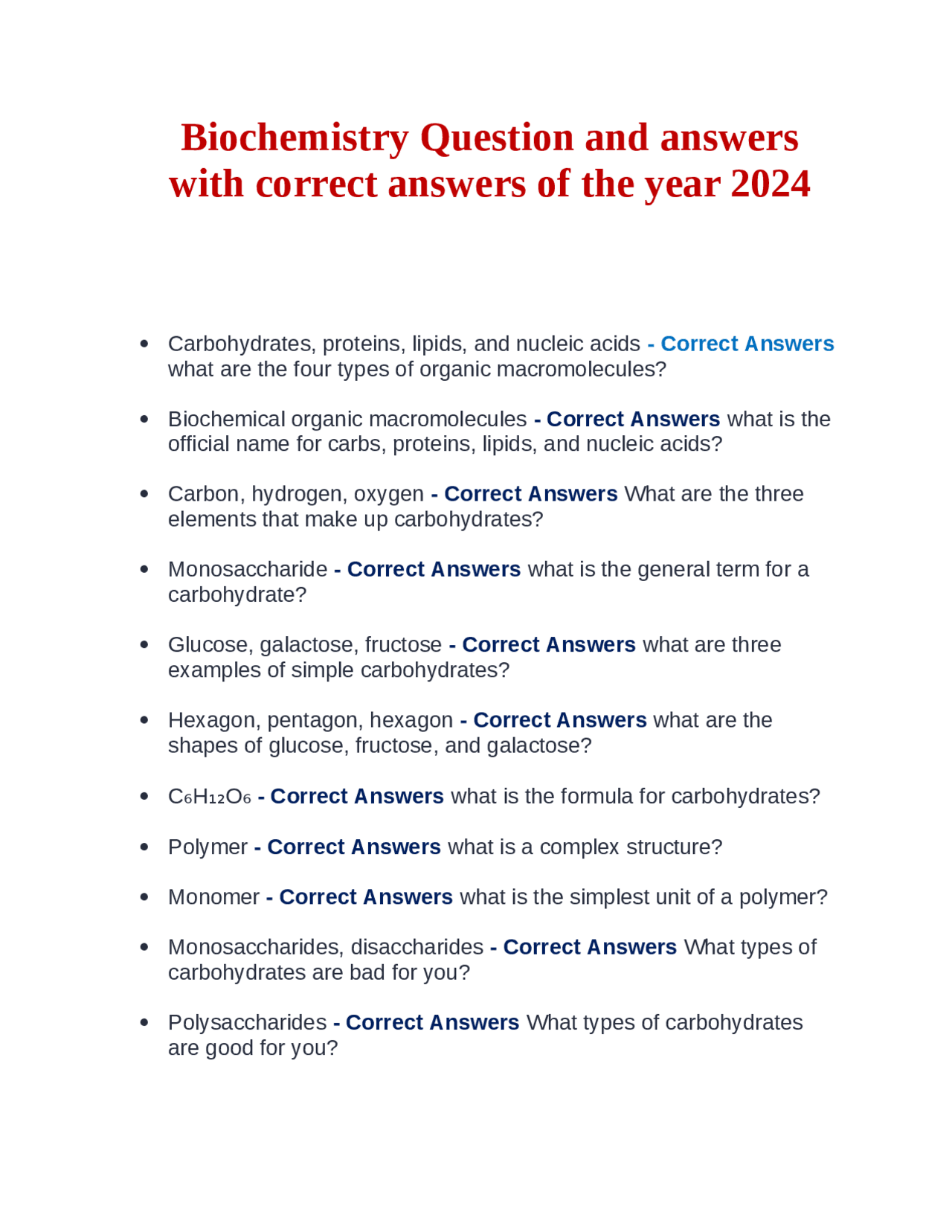 Biochemistry Question and answers with correct answers of the year 2024 ...