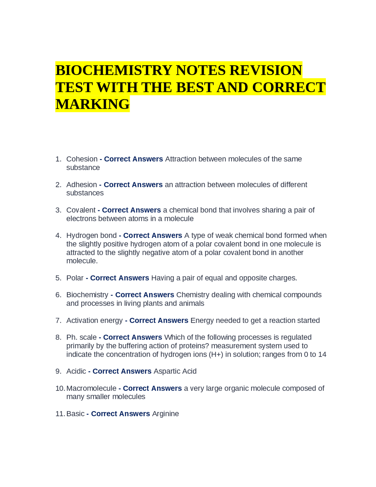 BIOCHEMISTRY NOTES REVISION TEST WITH THE BEST AND CORRECT MARKING ...