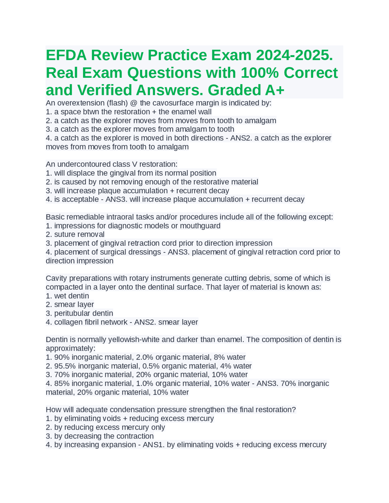 EFDA Review Practice Exam 2024-2025. Real Exam Questions & 100% Correct Answers. Grade A+ ...