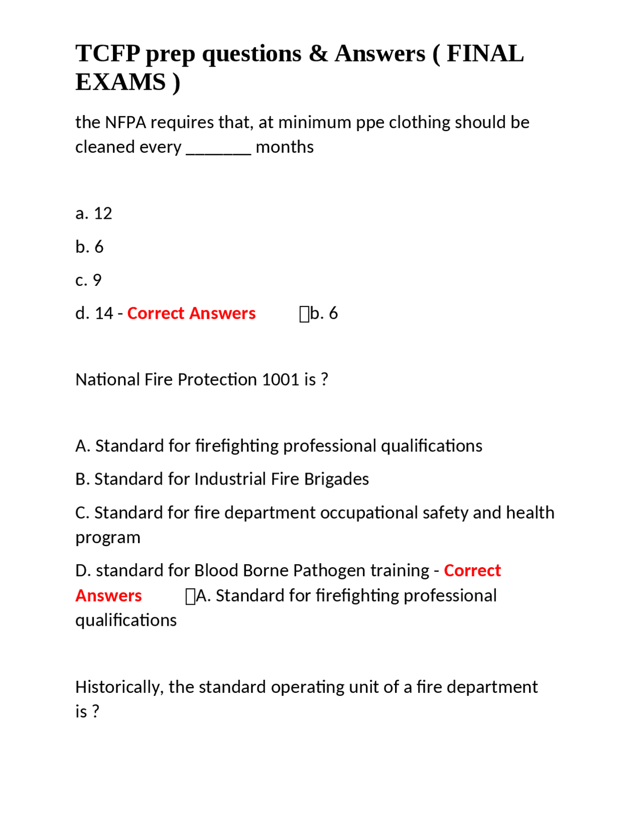 TCFP prep questions & Answers ( FINAL EXAMS ) | Exams Nursing | Docsity