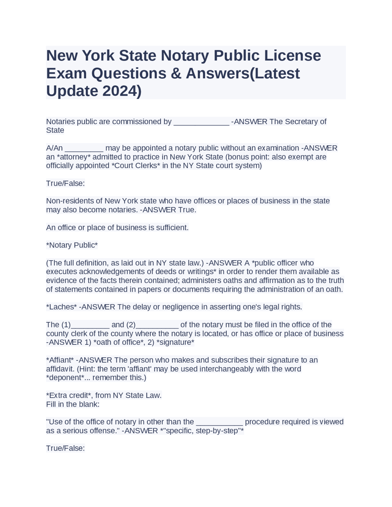 New York State Notary Public License Exam Questions & Answers(Latest ...