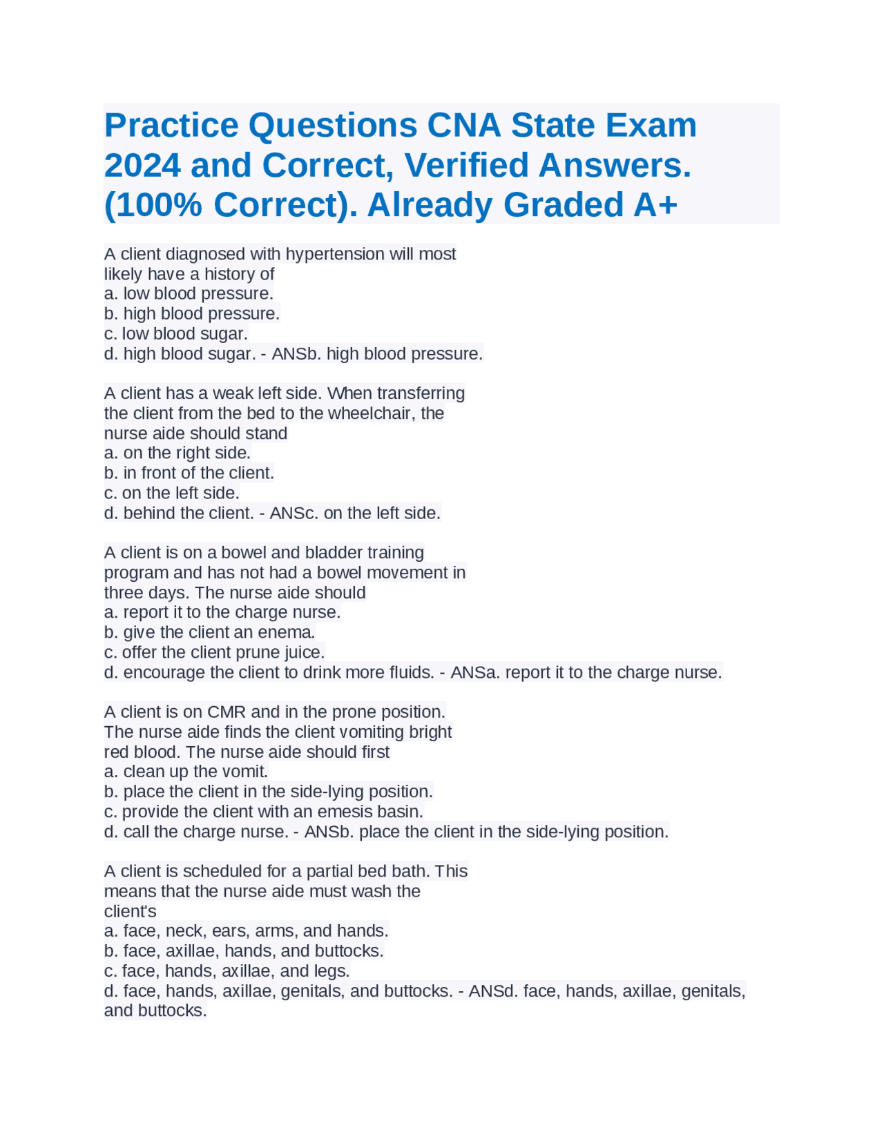 Practice Questions CNA State Exam 2024 and Correct, Verified Answers. (100% Correct). A+ | Exams ...