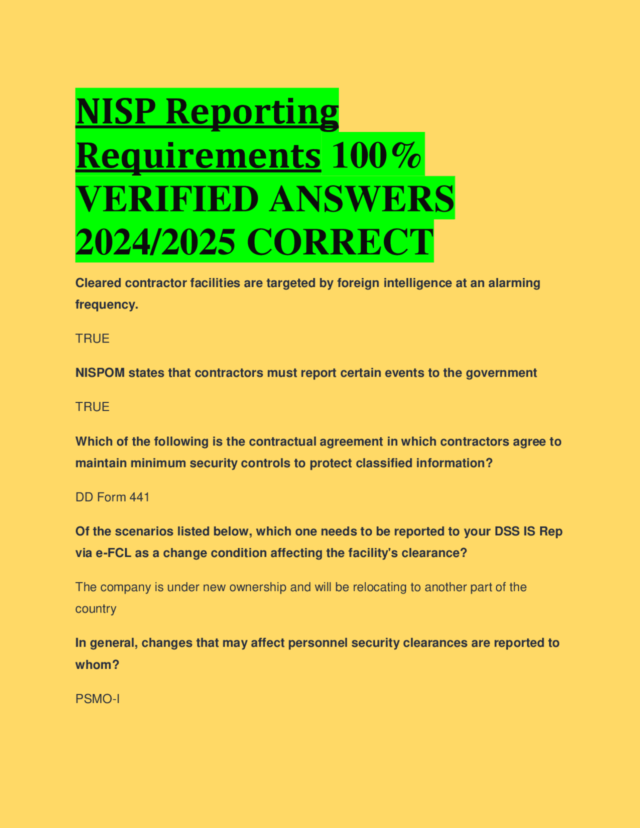 NISP Reporting Requirements 100% VERIFIED ANSWERS 2024/2025 CORRECT | Study Guides, Projects ...