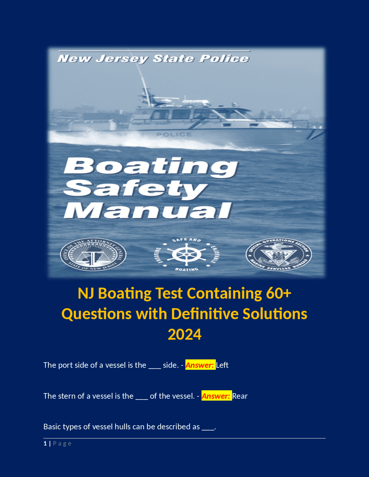 NJ Boating Test Quizzes | Exams Maritime Law | Docsity
