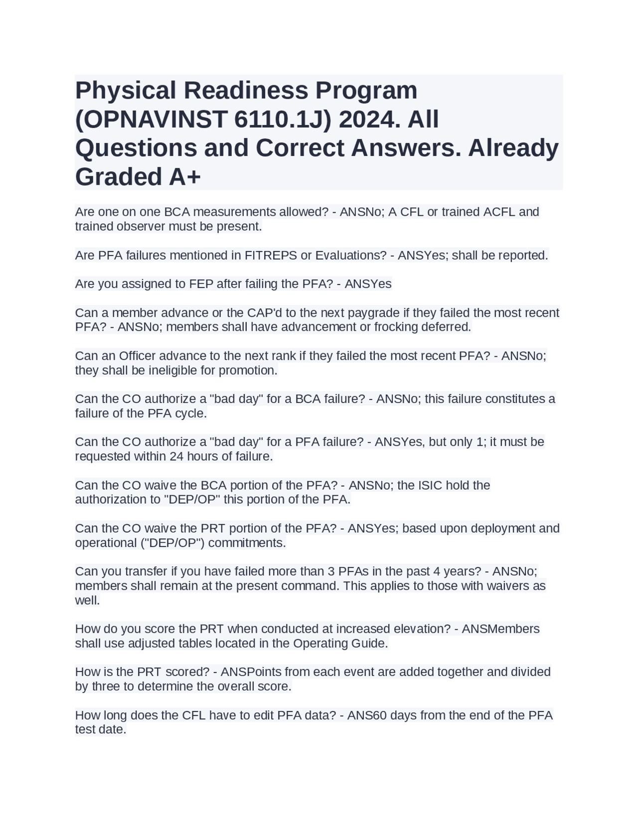Physical Readiness Program (OPNAVINST 6110.1J) 2024. All Questions and Correct Answers. A+ ...