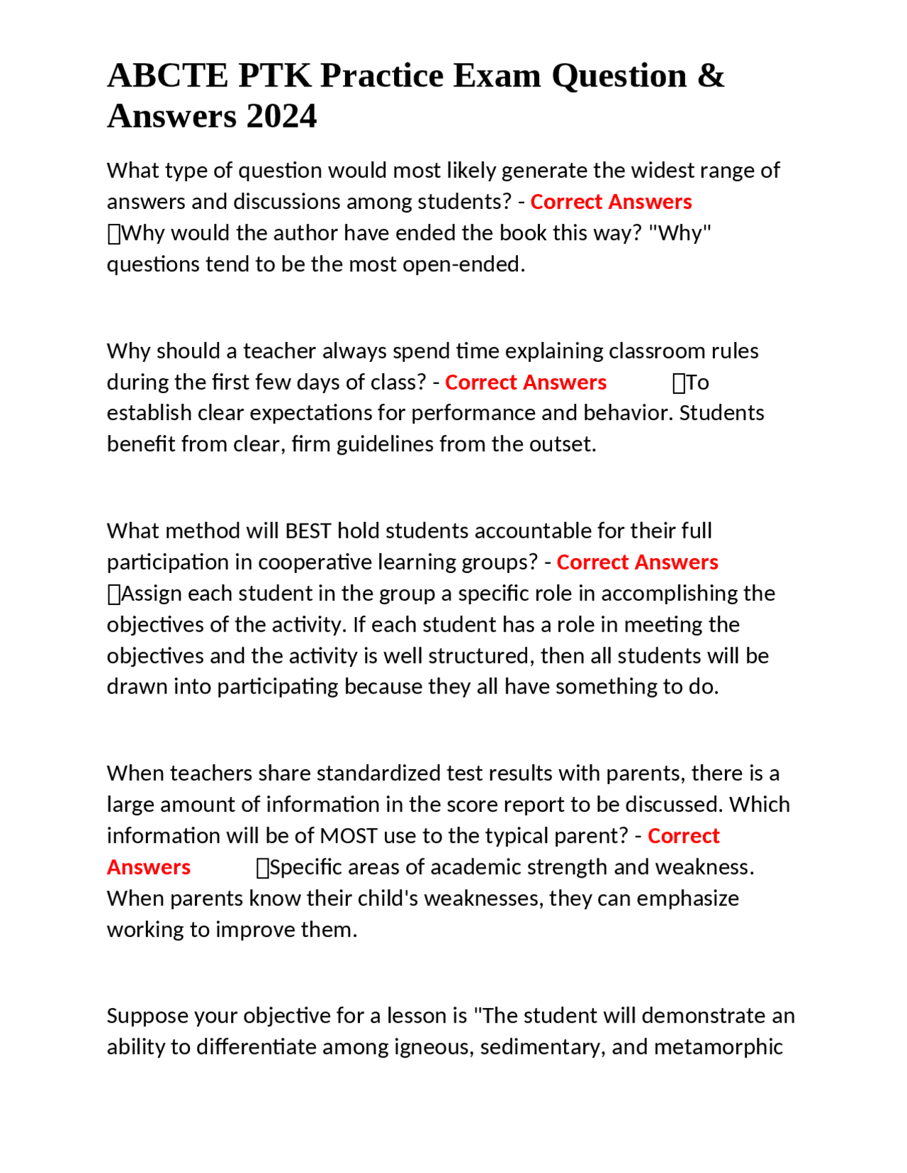 ABCTE PTK Practice Exam Question & Answers 2024 | Exams Nursing | Docsity