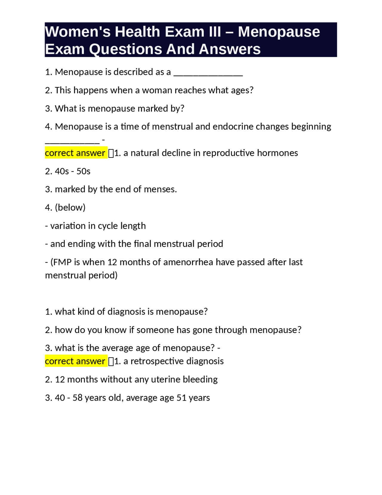 Women's Health Exam III – Menopause Exam Questions And Answers | Exams ...