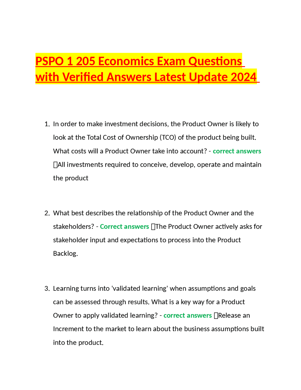 PSPO 1 205 Economics Exam Questions with Verified Answers Latest Update ...