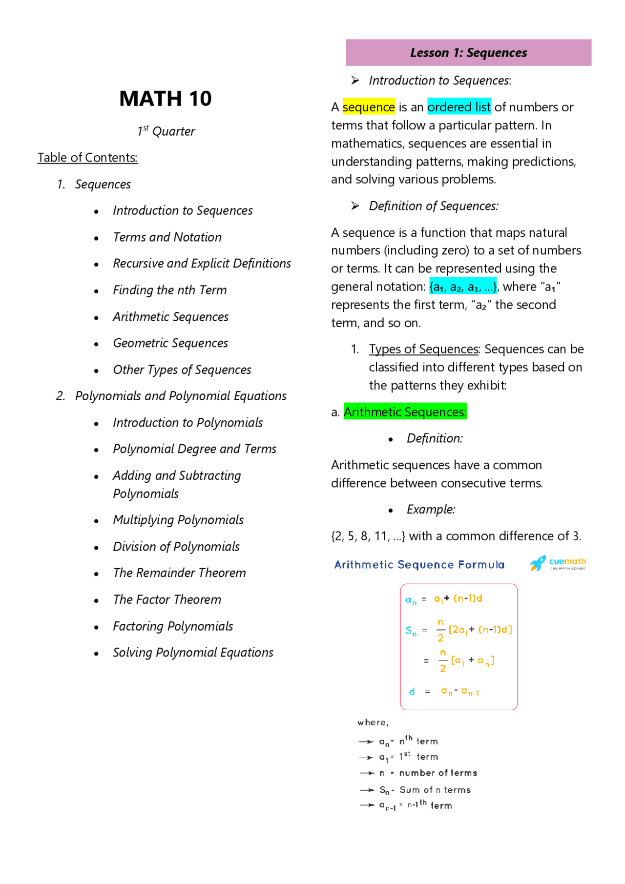 Grade 10 - Math Notes | Study notes Mathematics | Docsity