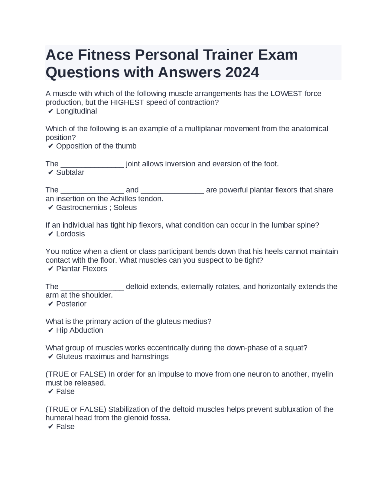 Ace Fitness Personal Trainer Exam Questions with Answers 2024 | Exams ...