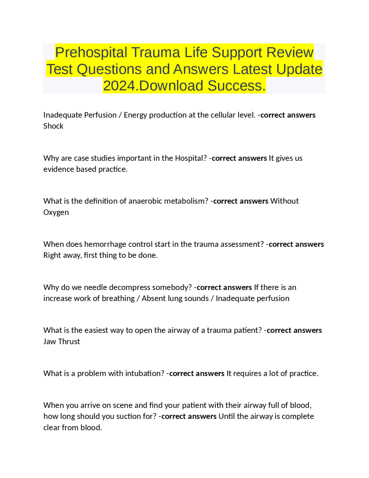 Prehospital Trauma Life Support Review Test Questions and Answers ...