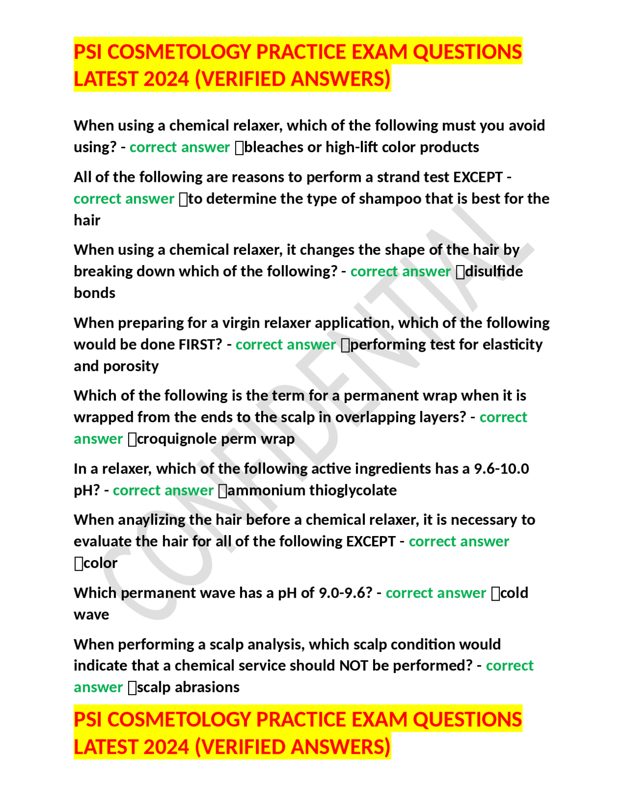 PSI COSMETOLOGY PRACTICE EXAM QUESTIONS LATEST 2024 (VERIFIED ANSWERS ...