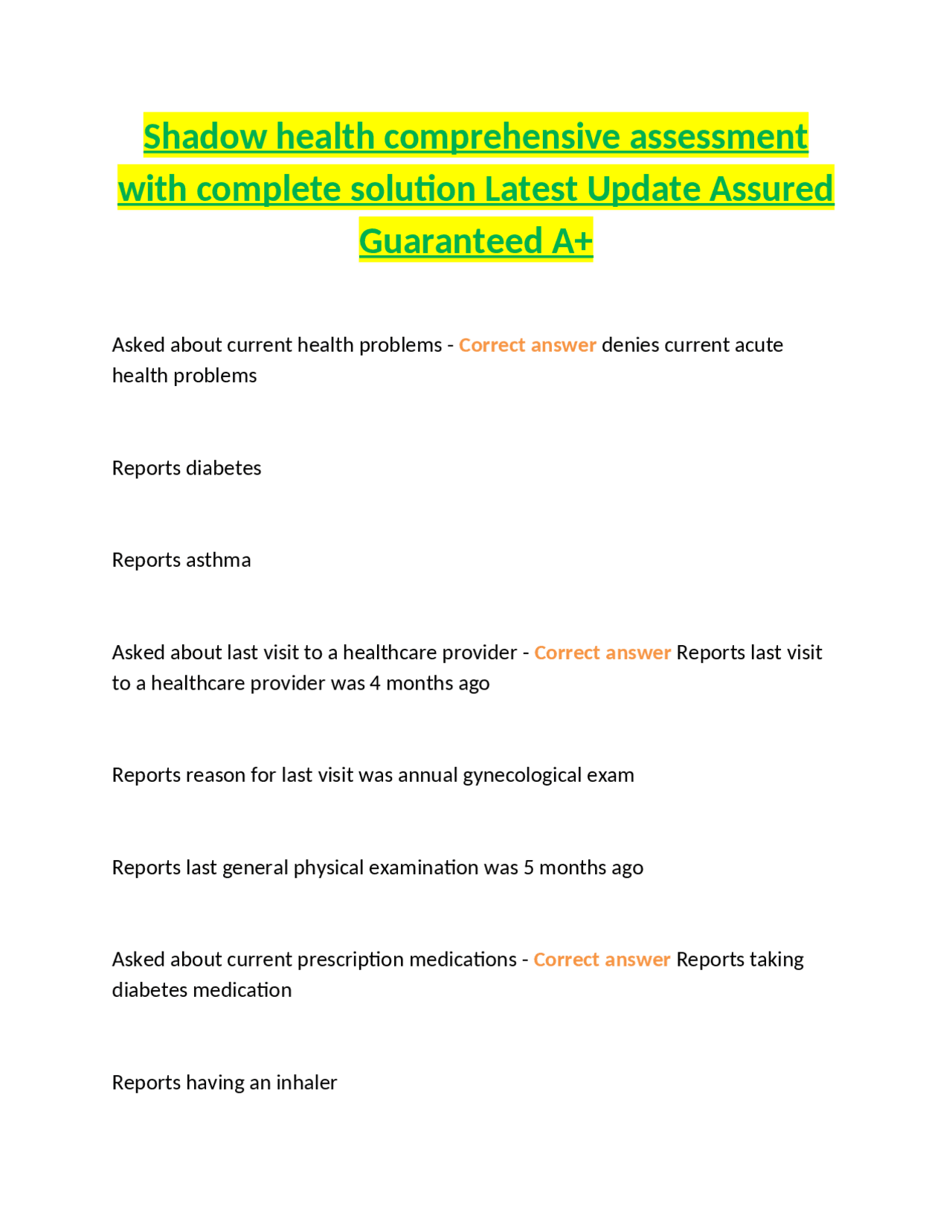Shadow health comprehensive assessment with complete solution Latest ...