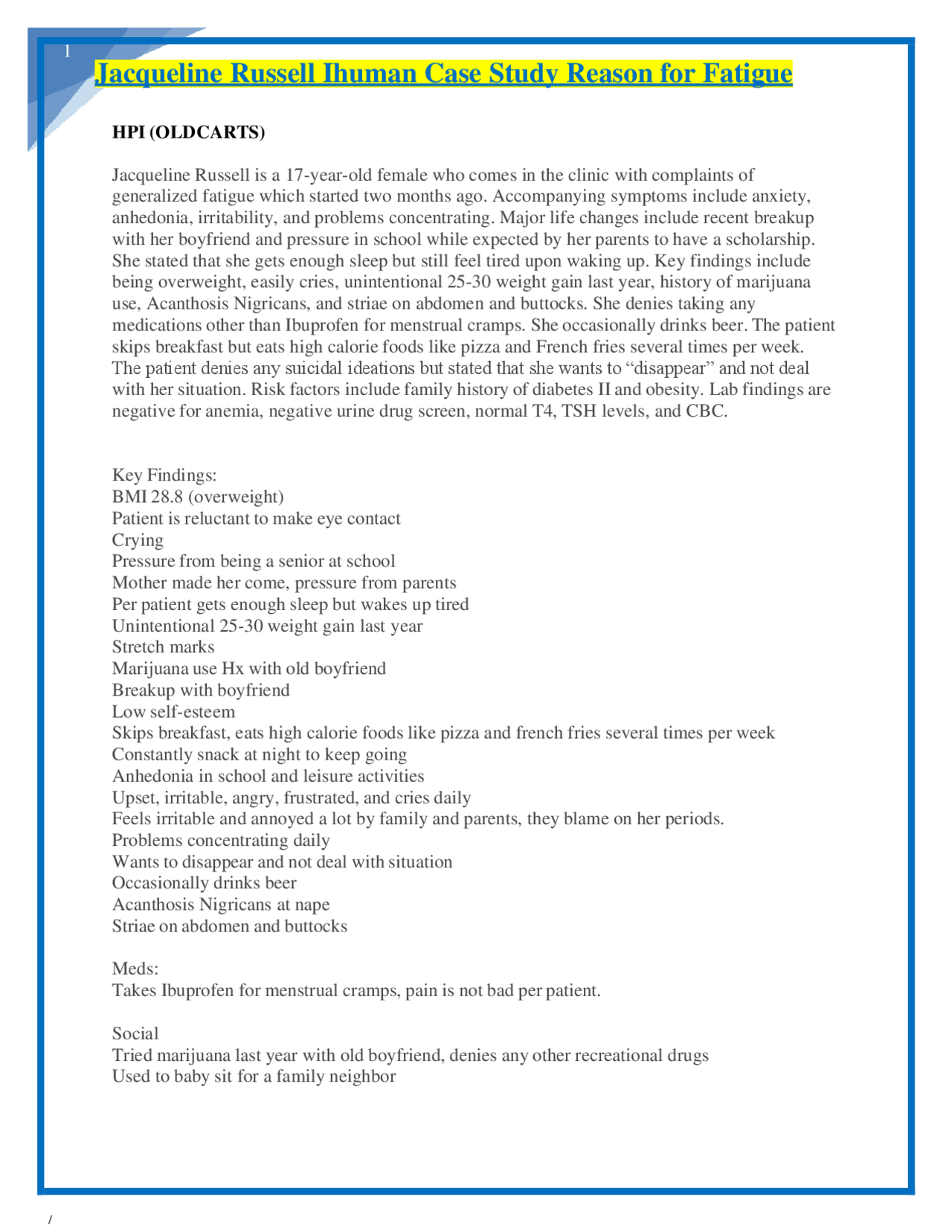 Jacqueline Russell Ihuman Case Study Reason for Fatigue | Exams Nursing | Docsity