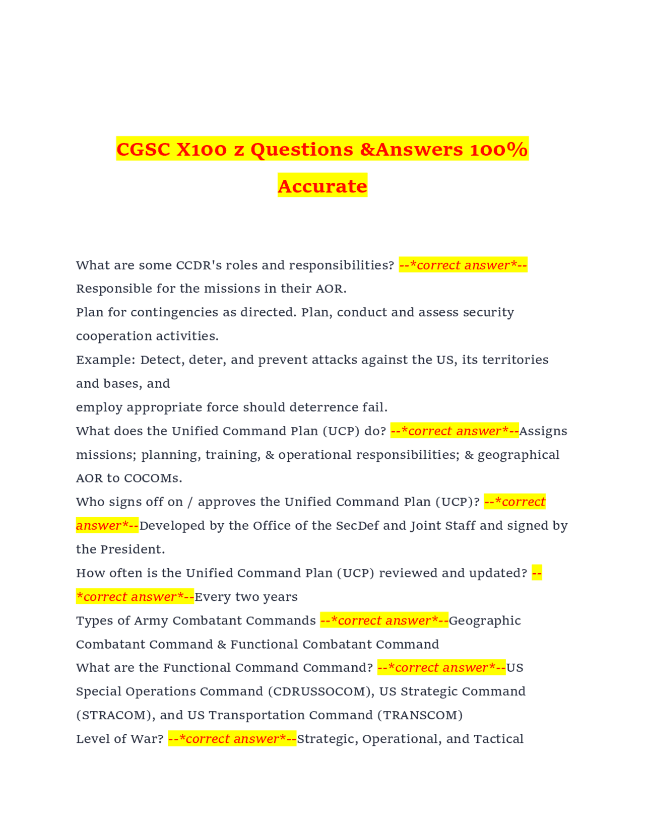 CGSC X100 z Questions &Answers 100% Accurate | Exams Nursing | Docsity