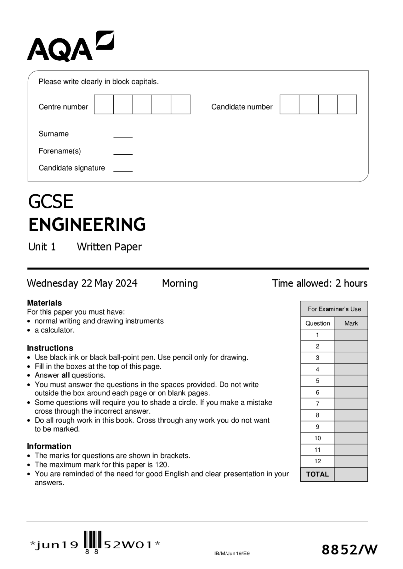 2023 AQA GCSE ENGINEERING 8852W Unit 1 Written Paper Question Paper ...