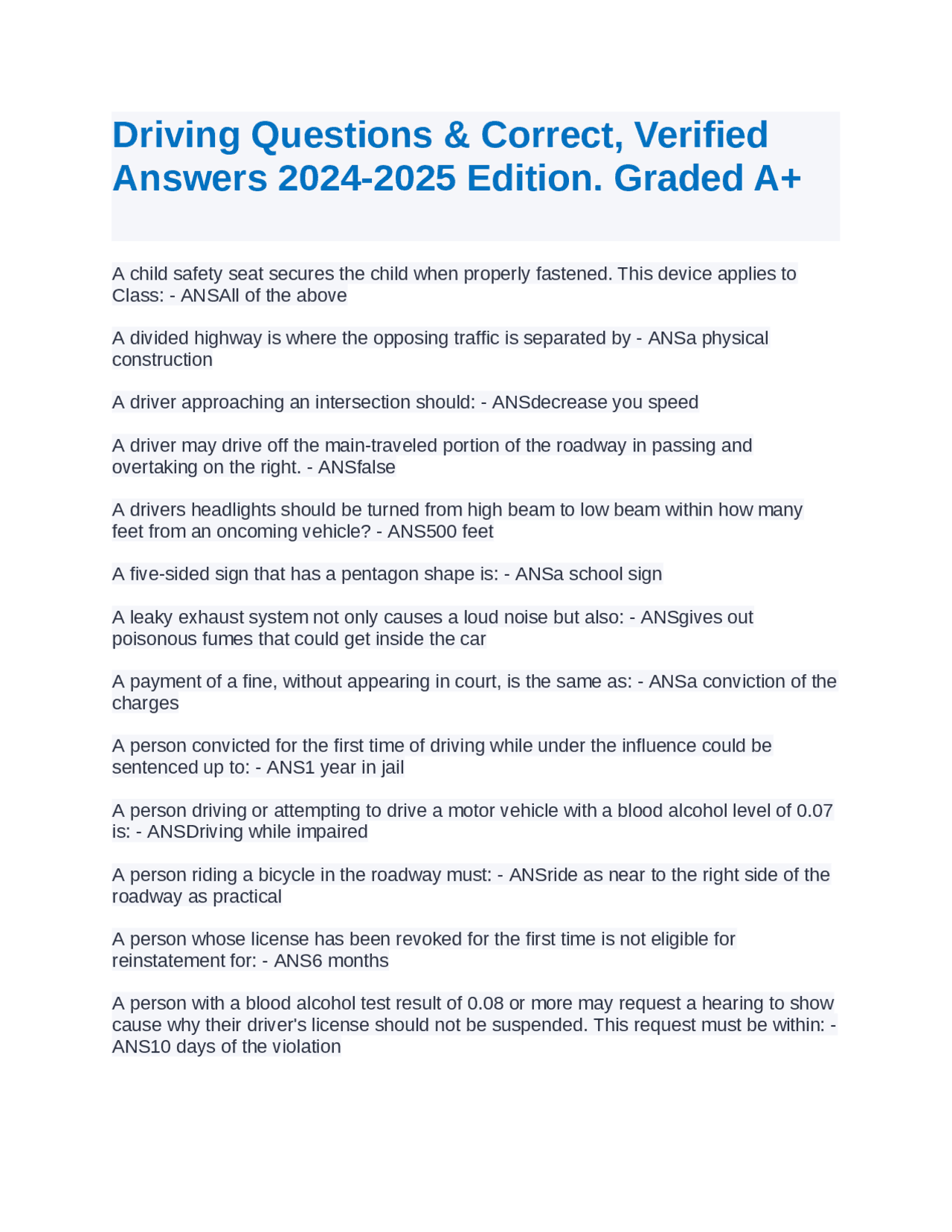 Driving Questions & Correct, Verified Answers 2024-2025 Edition. Graded ...