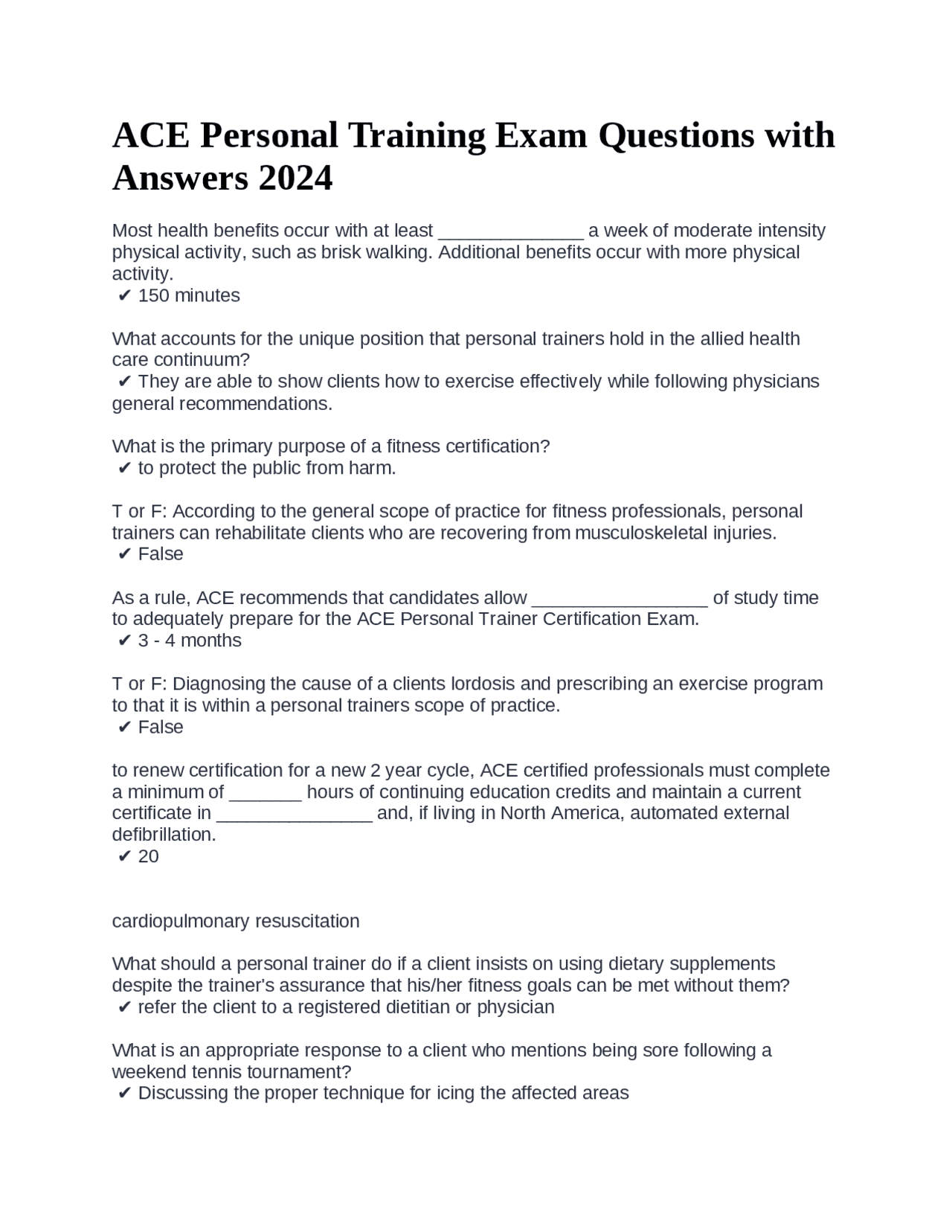 ACE Personal Training Exam Questions with Answers 2024 | Exams Medicine ...