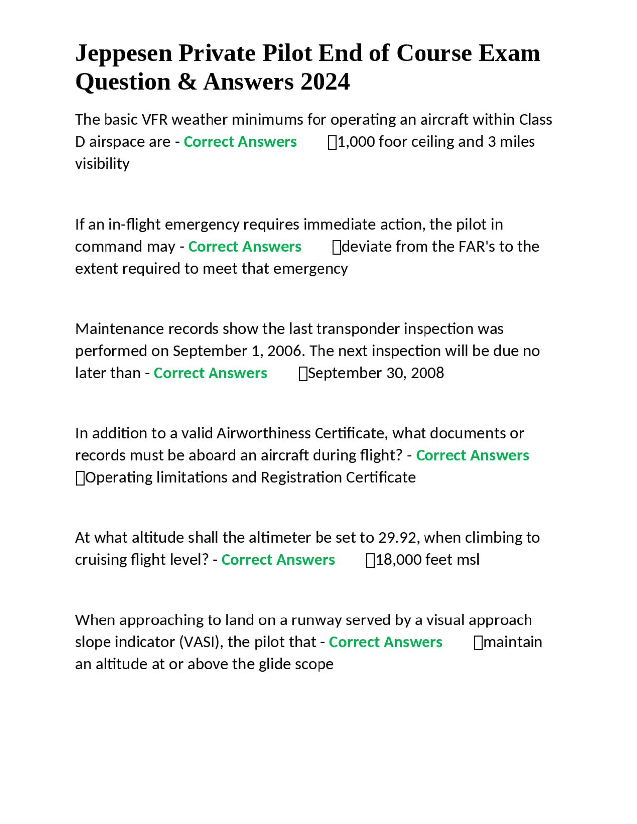 Jeppesen Private Pilot End of Course Exam Question & Answers 2024 | Exams Nursing | Docsity