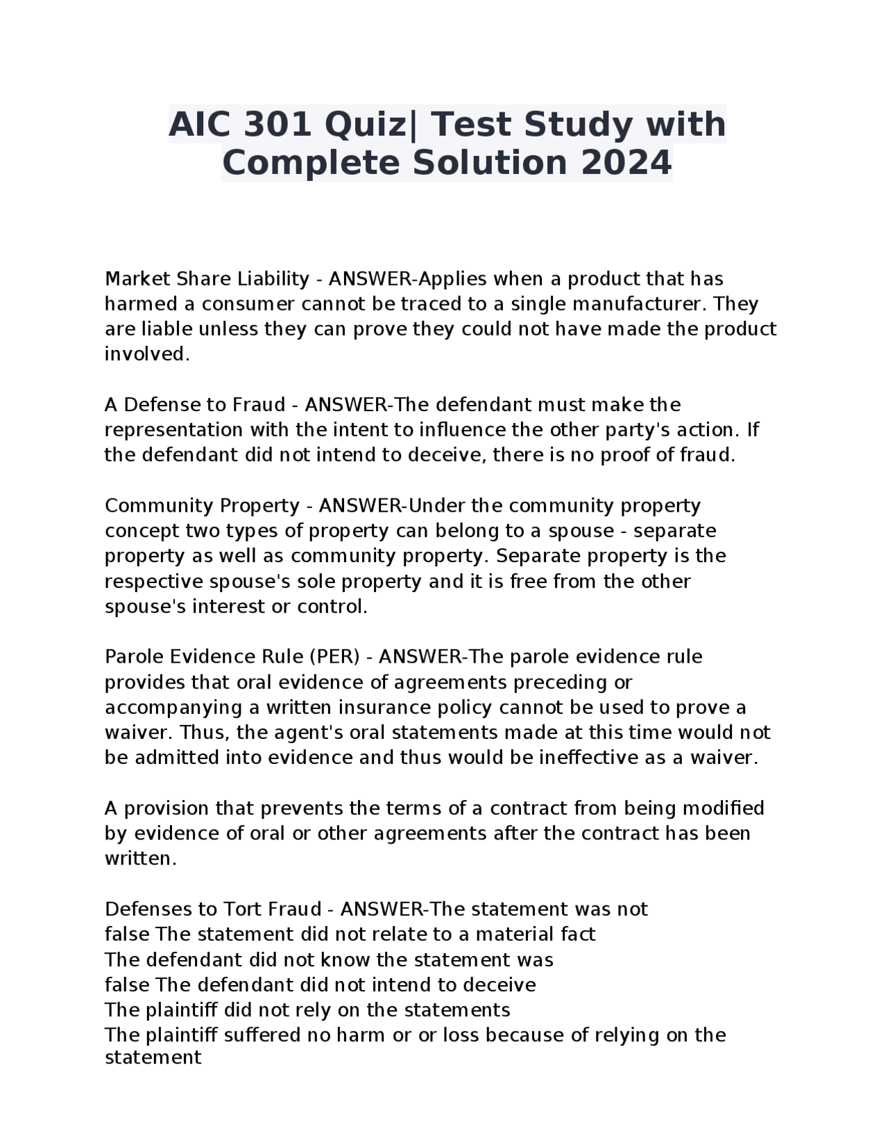 AIC 301 Quiz| Test Study with Complete Solution 2024 | Exams Business ...