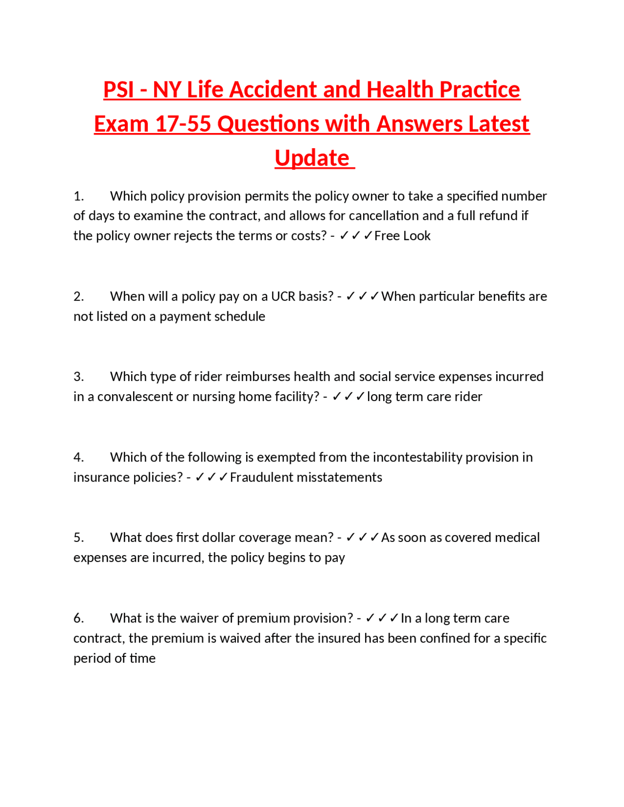 PSI - NY Life Accident and Health Practice Exam 17-55 Questions with ...