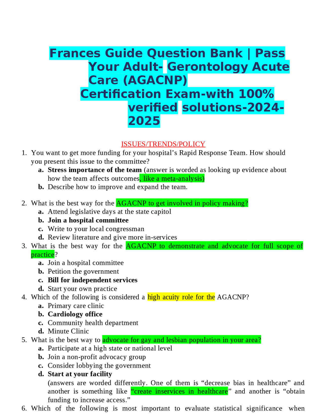 Frances Guide Question Bank | Pass Your Adult- Gerontology Acute Care ...