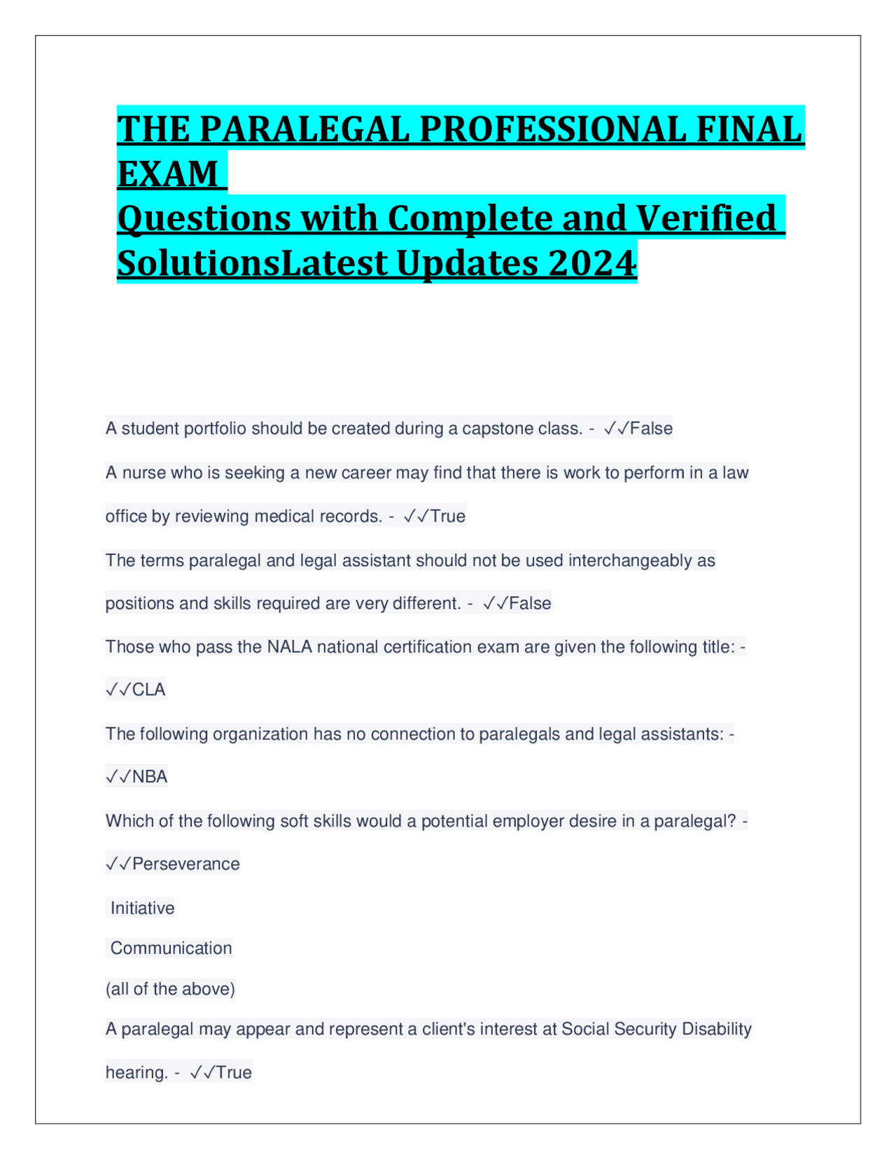 THE PARALEGAL PROFESSIONAL FINAL EXAM Questions | Exams Law | Docsity