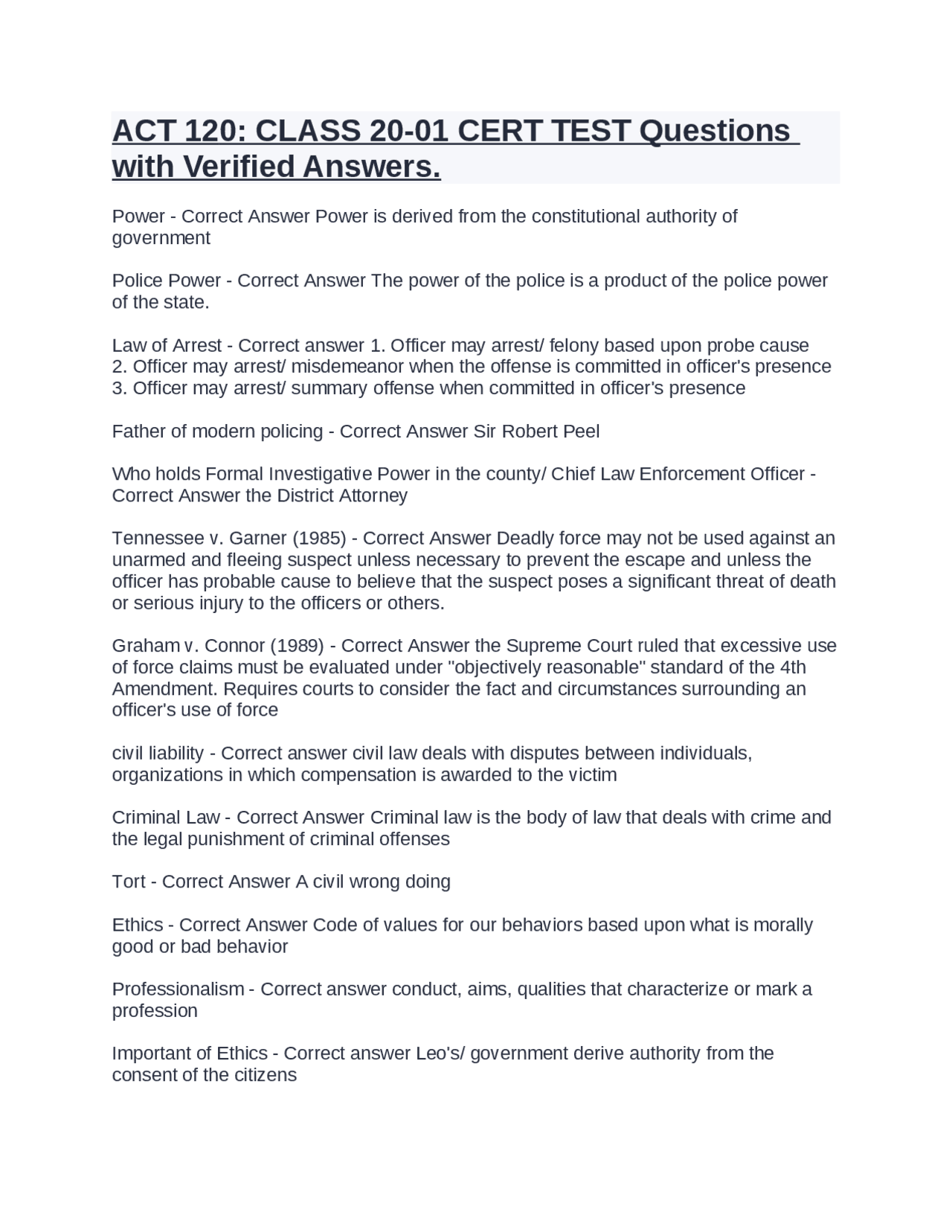 ACT 120: CLASS 20-01 CERT TEST Questions with Verified Answers. | Exams ...