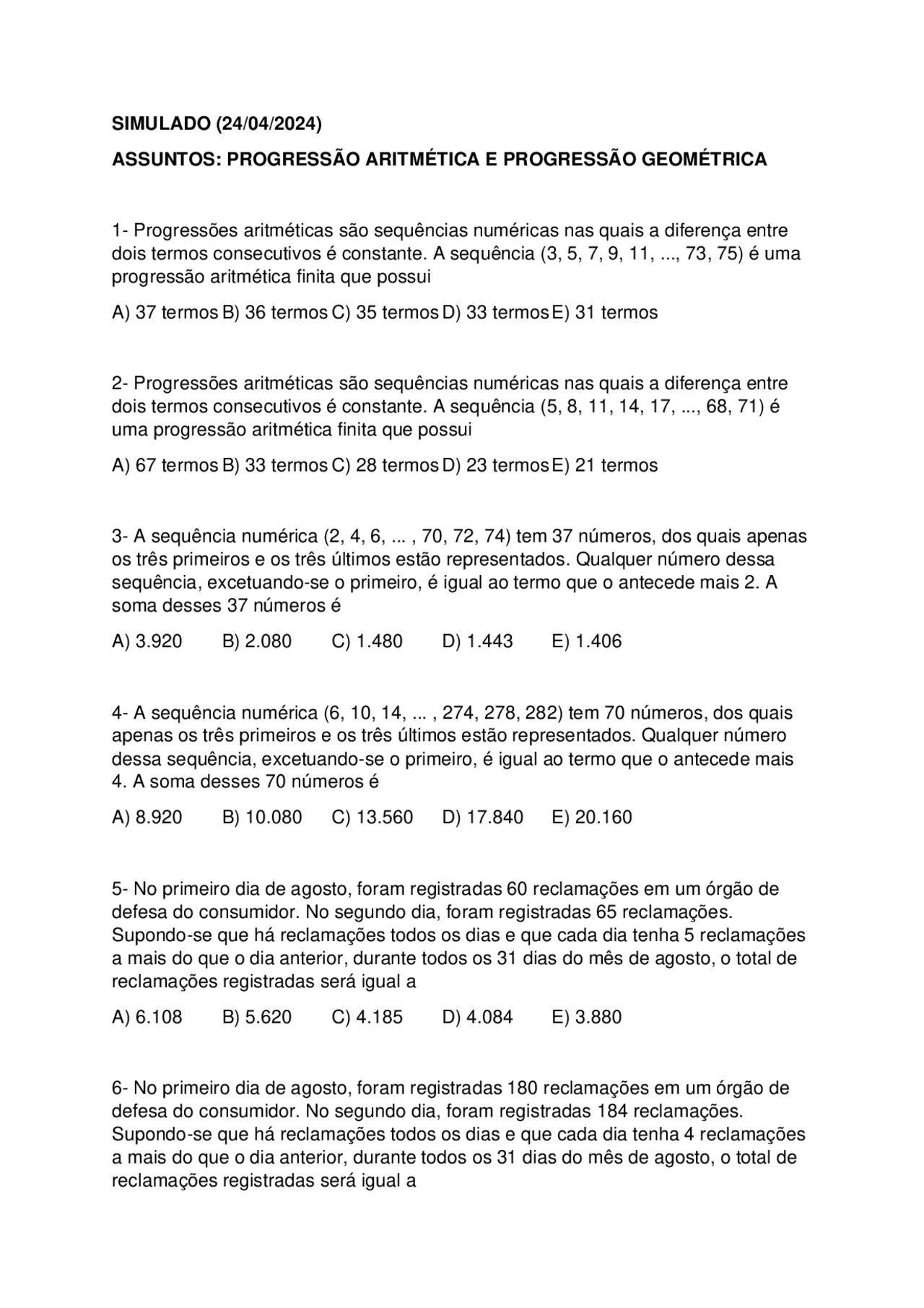 Progressão Aritmética e Progressão Geométrica | Exercícios Matemática ...