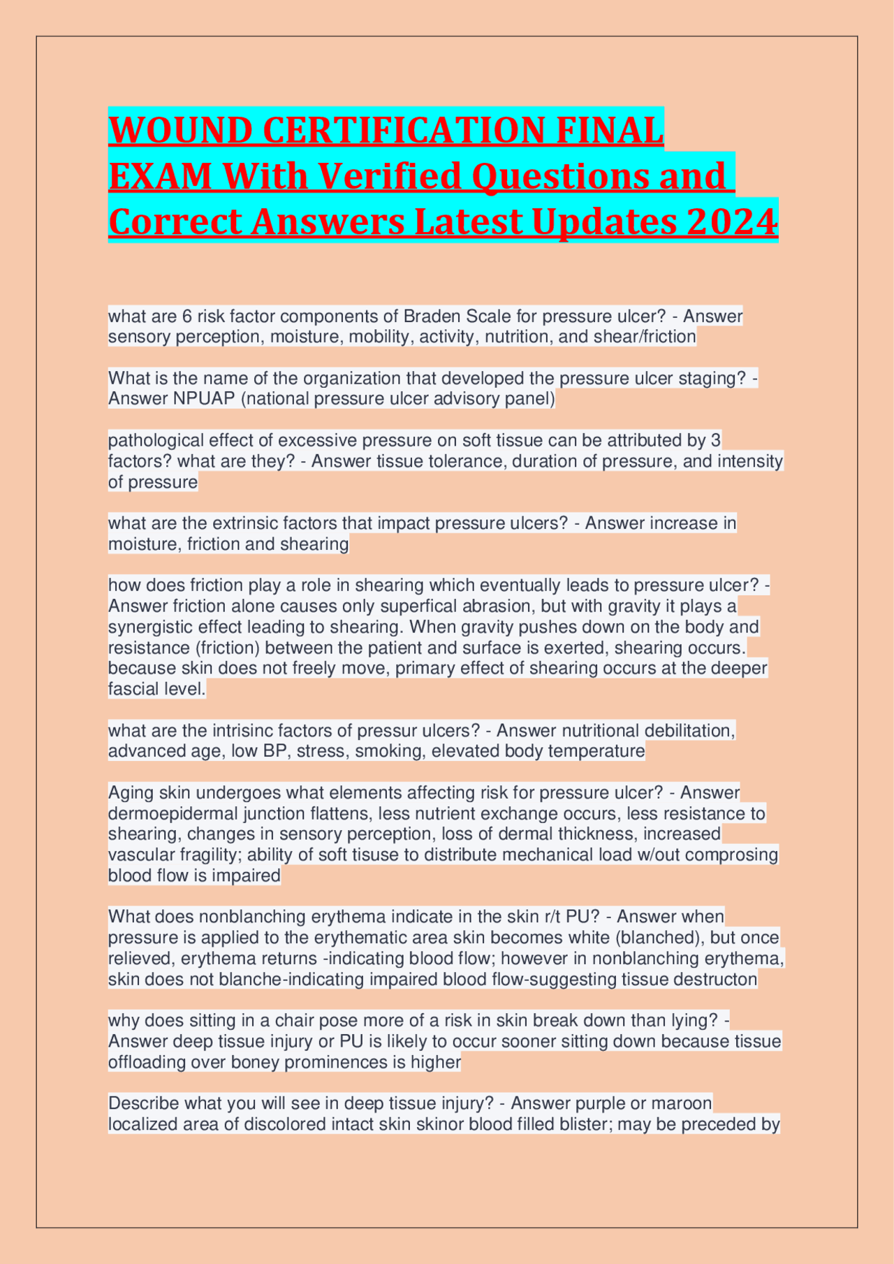 WOUND CERTIFICATION FINAL EXAM With Verified Questions and Correct ...