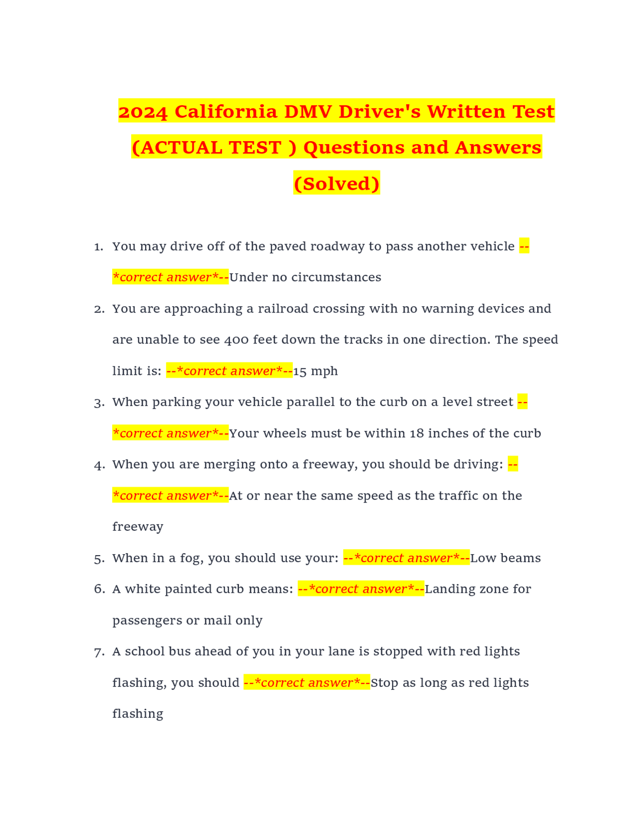 2024 California DMV Driver's Written Test (ACTUAL TEST ) Questions and ...