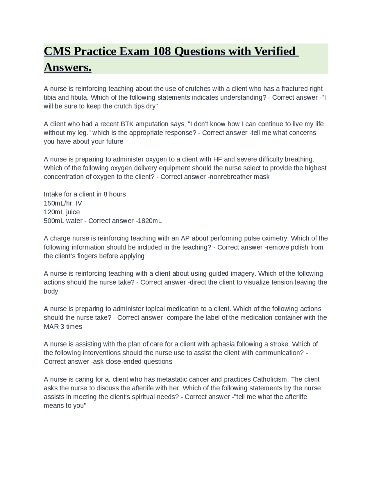 CMS Practice Exam 108 Questions with Verified Answers. | Exams ...