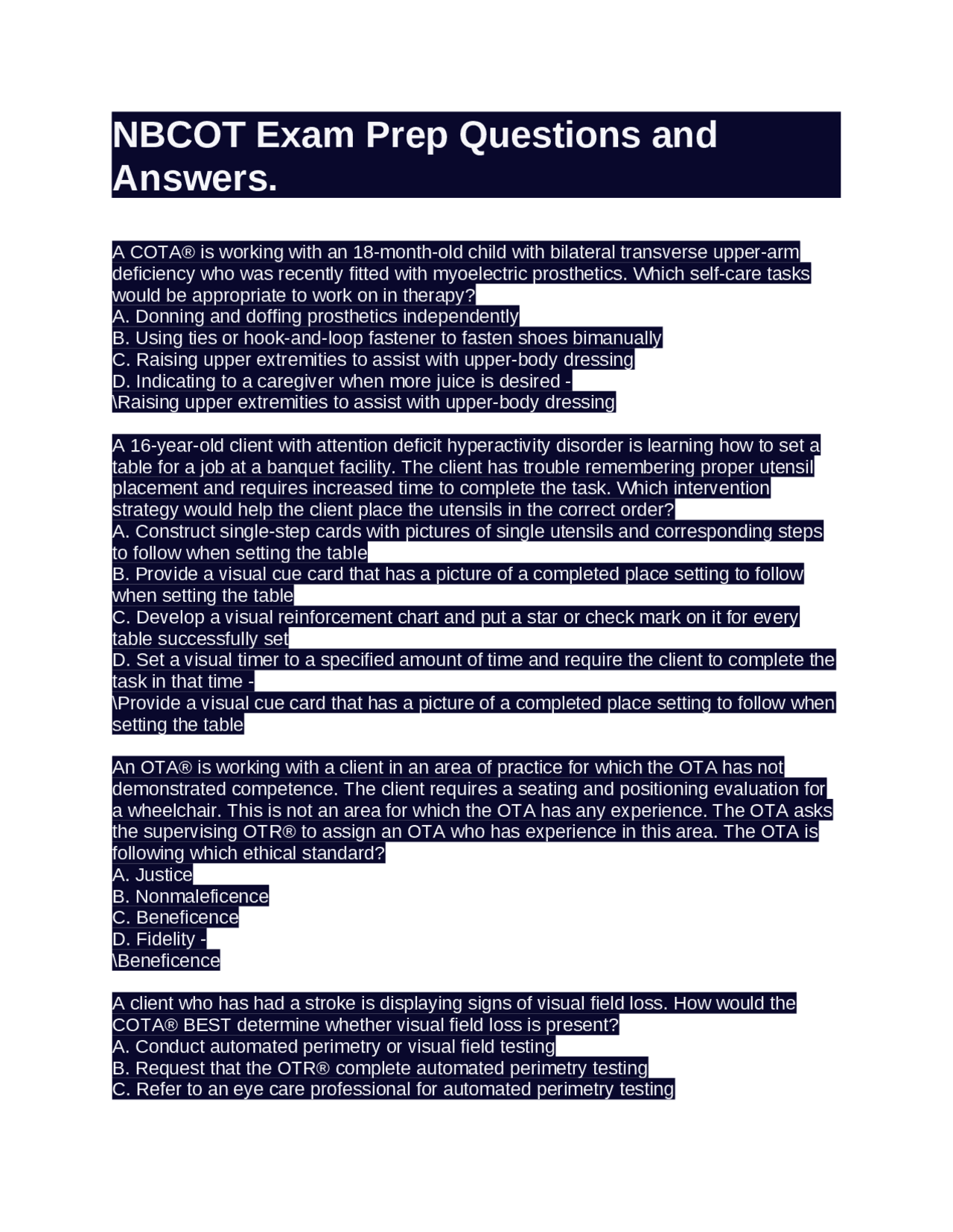 NBCOT Exam Prep Questions and Answers. | Exams Occupational therapy ...