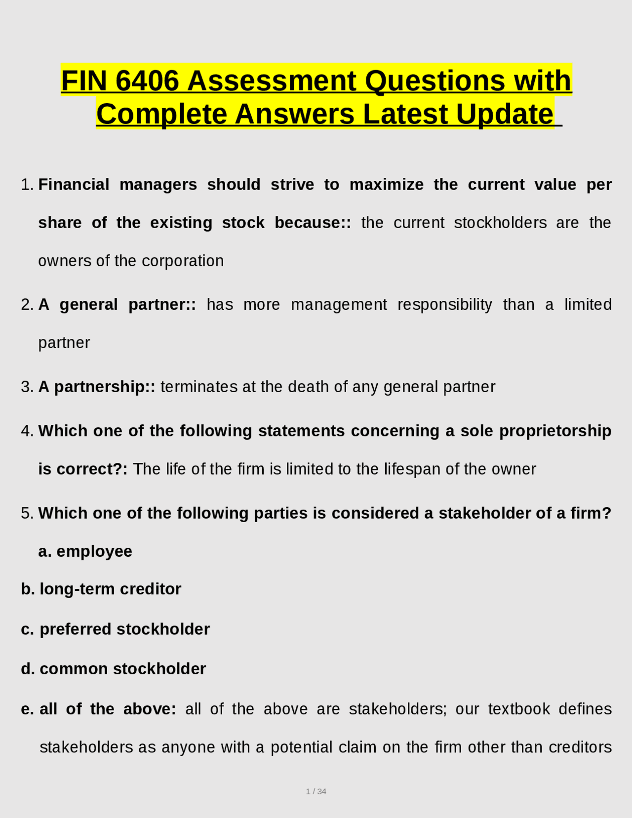 FIN 6406 Assessment Questions with Complete Answers Latest Update ...
