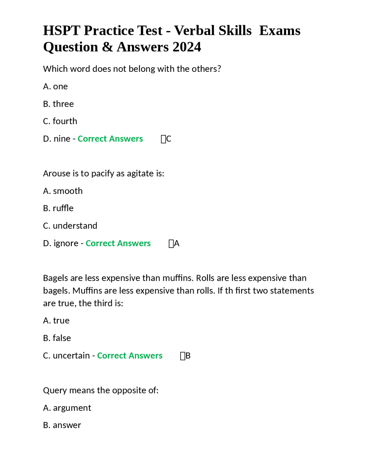 HSPT Practice Test - Verbal Skills Exams Question & Answers 2024 ...