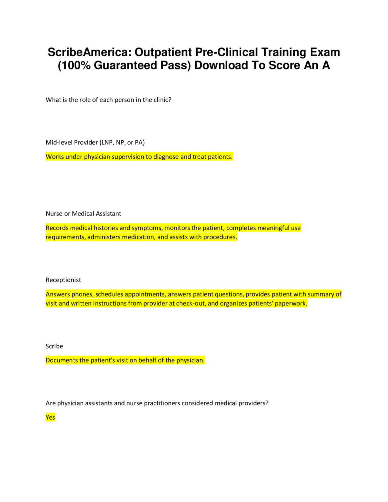 ScribeAmerica Outpatient Pre-Clinical Training Exam (100% Guaranteed ...