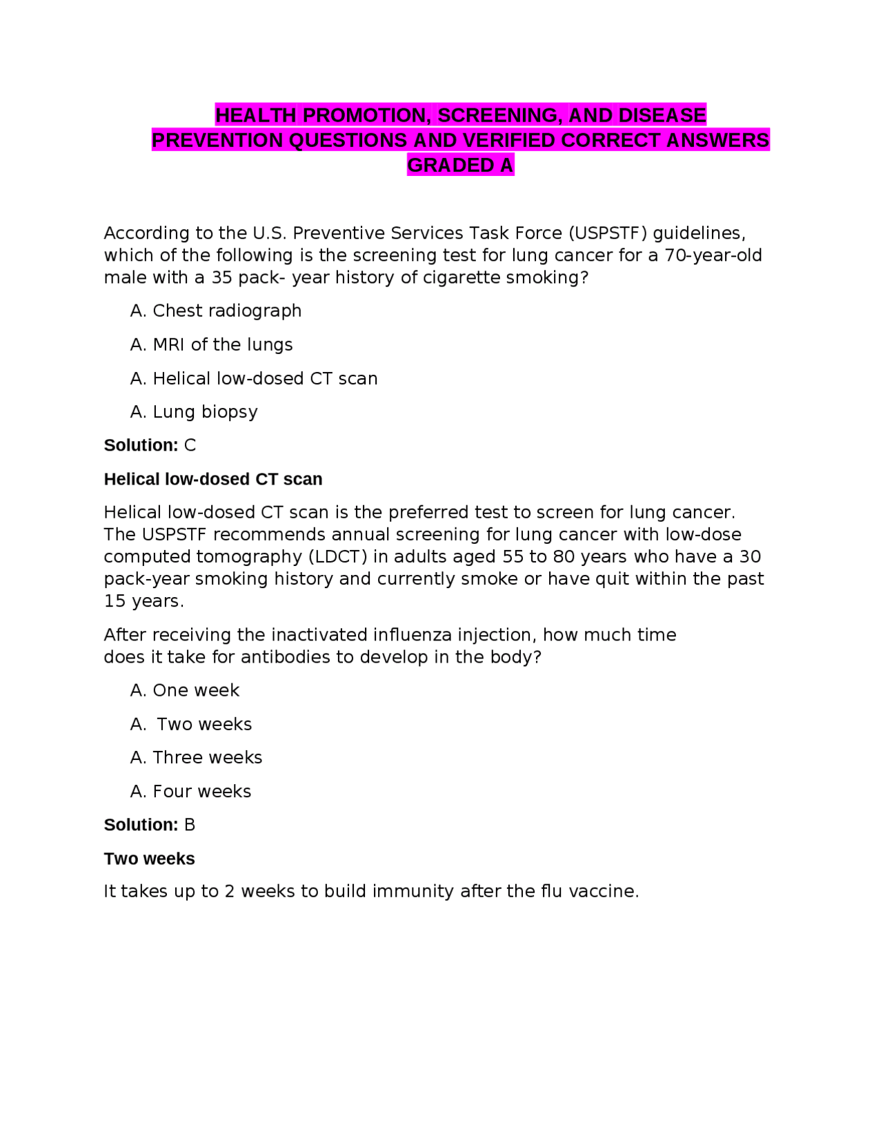 HEALTH PROMOTION, SCREENING, AND DISEASE PREVENTION QUESTIONS AND ...