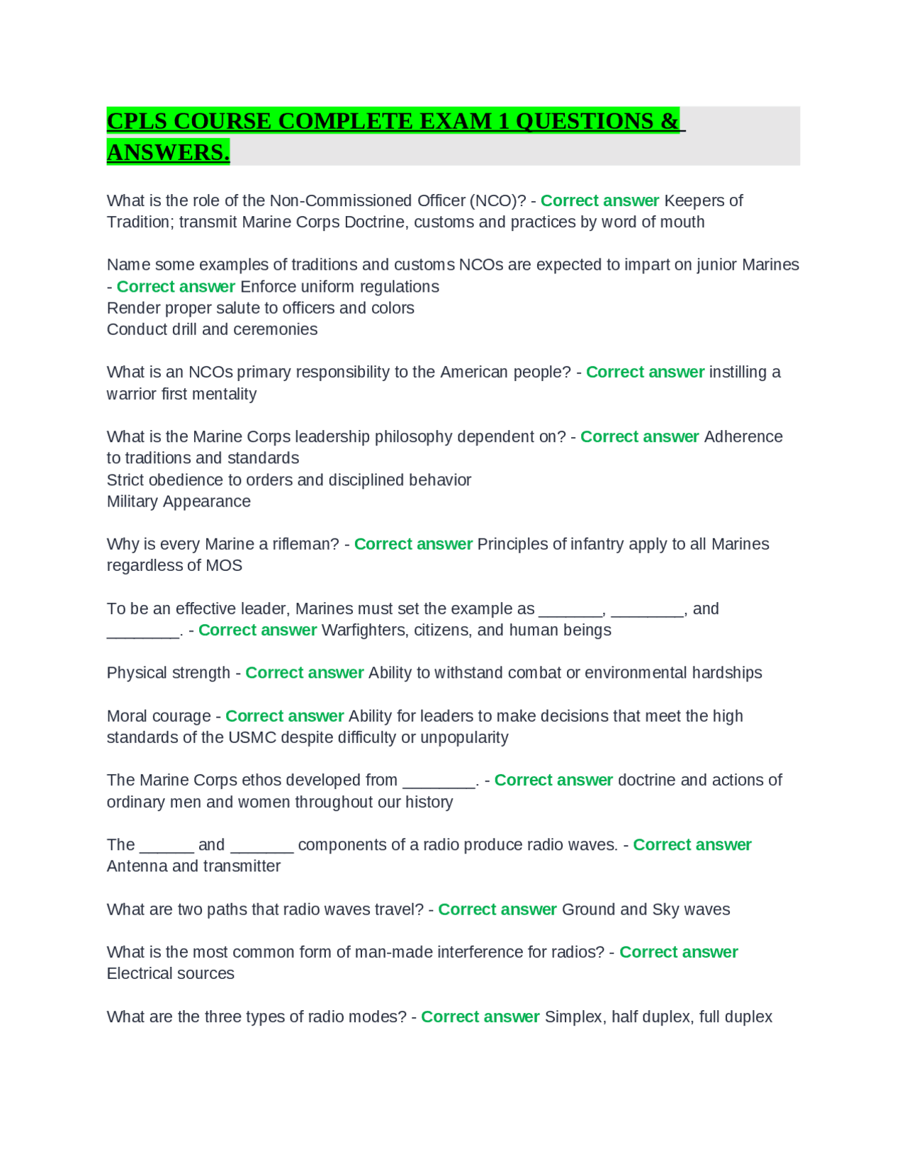 CPLS COURSE COMPLETE EXAM 1 QUESTIONS & ANSWERS. | Exams Socialization ...