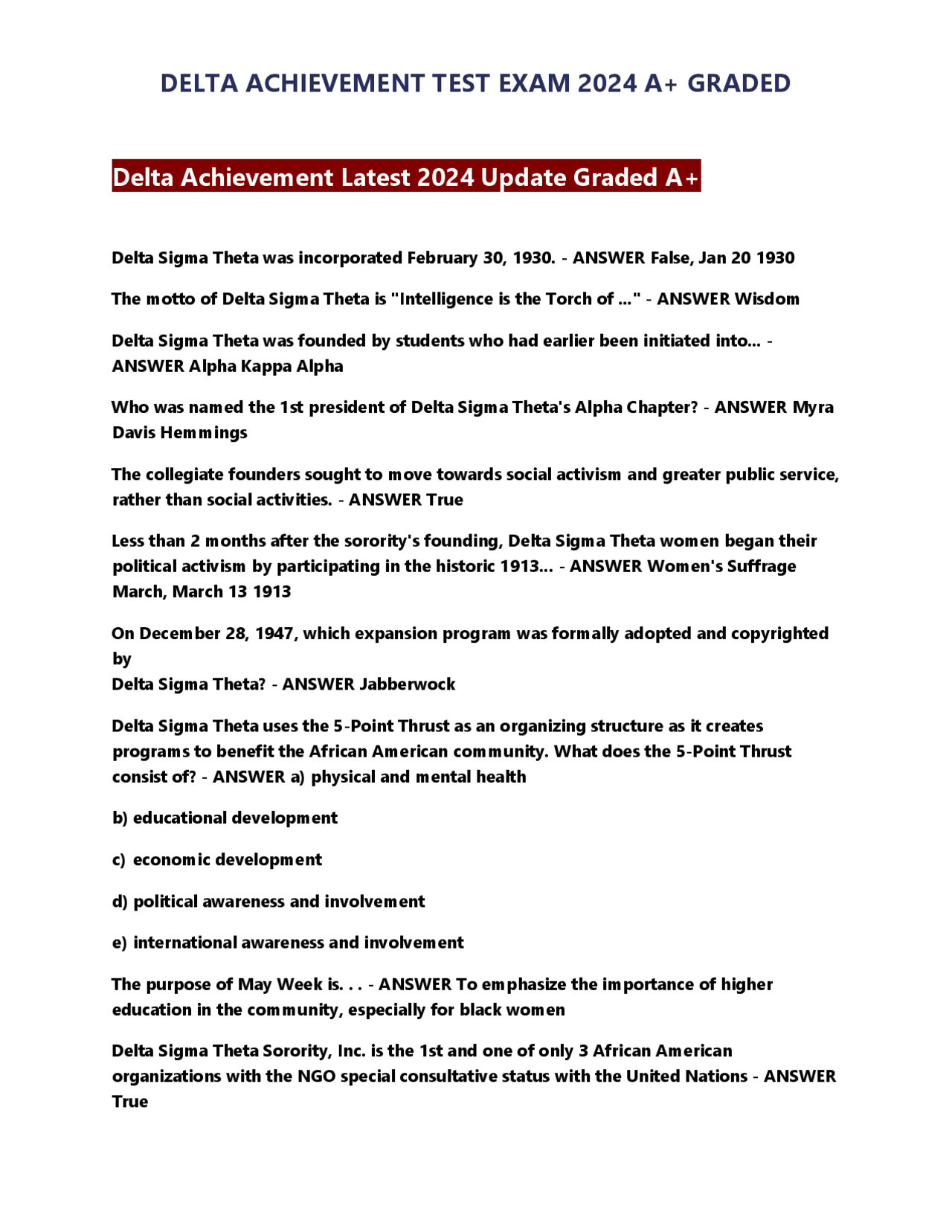 DELTA ACHIEVEMENT TEST EXAM 2024 A+ GRADED | Exams Nursing | Docsity