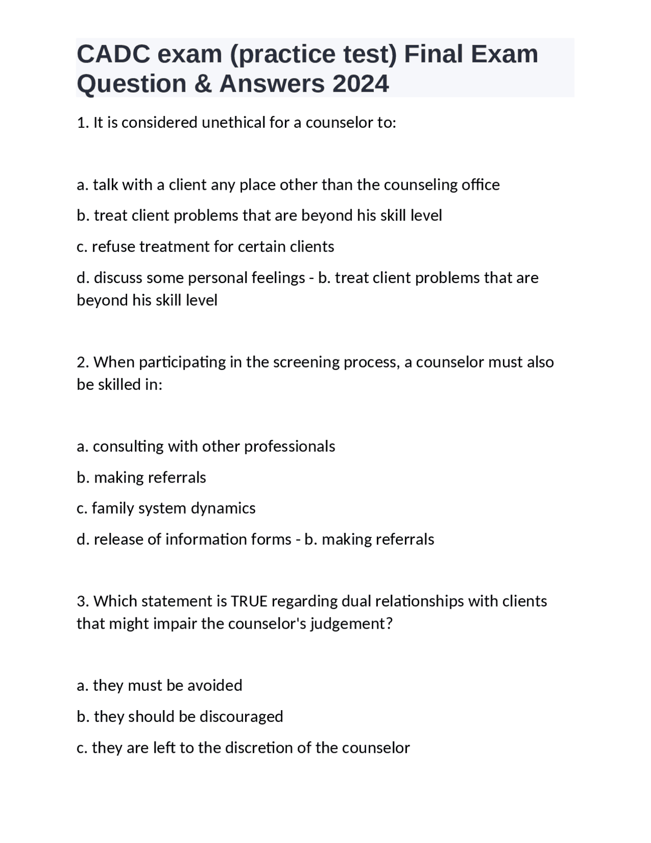 CADC exam (practice test) Final Exam Question & Answers 2024 | Exams ...