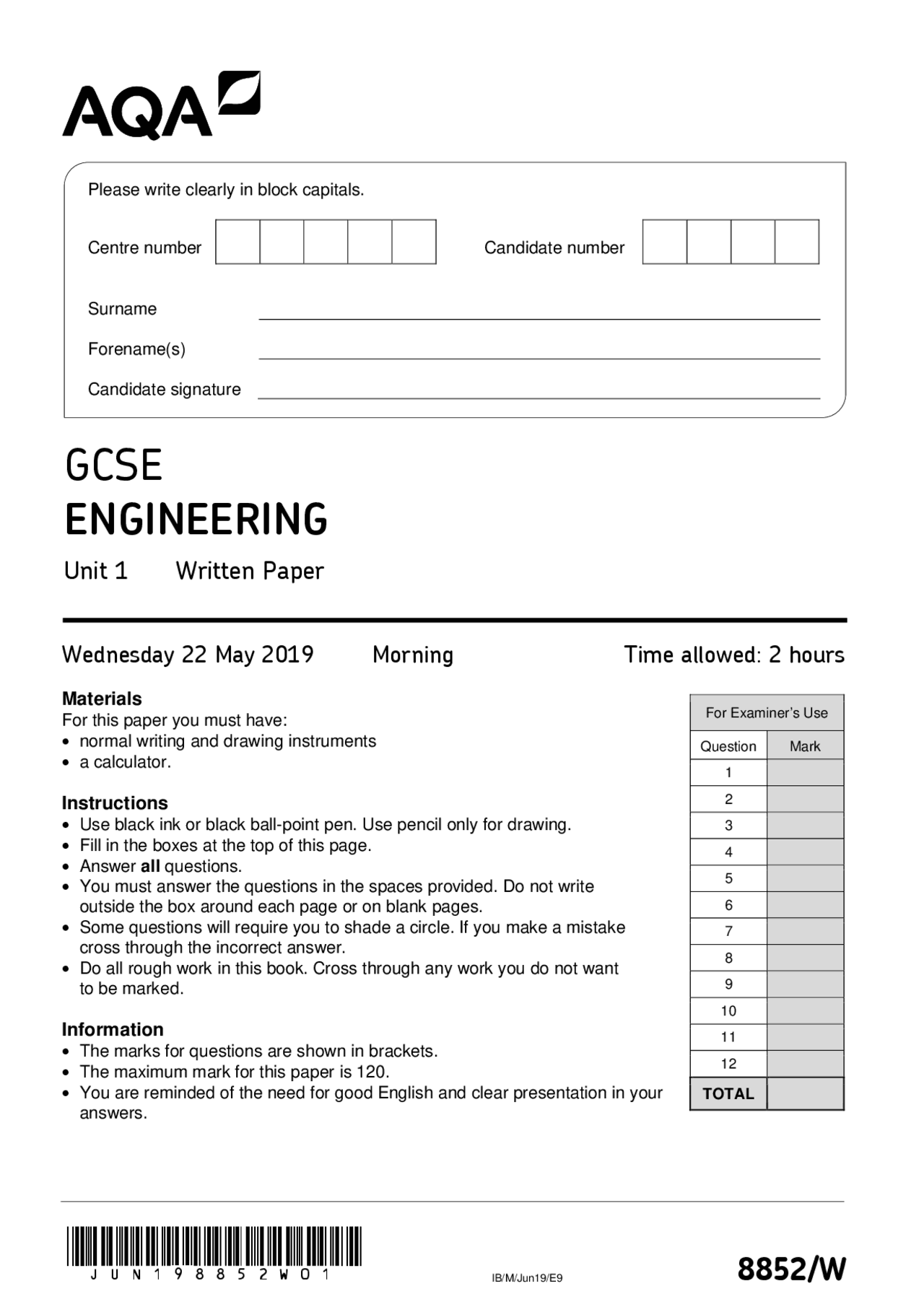 2023 AQA GCSE ENGINEERING 8852W Unit 1 Written Paper Question Paper ...
