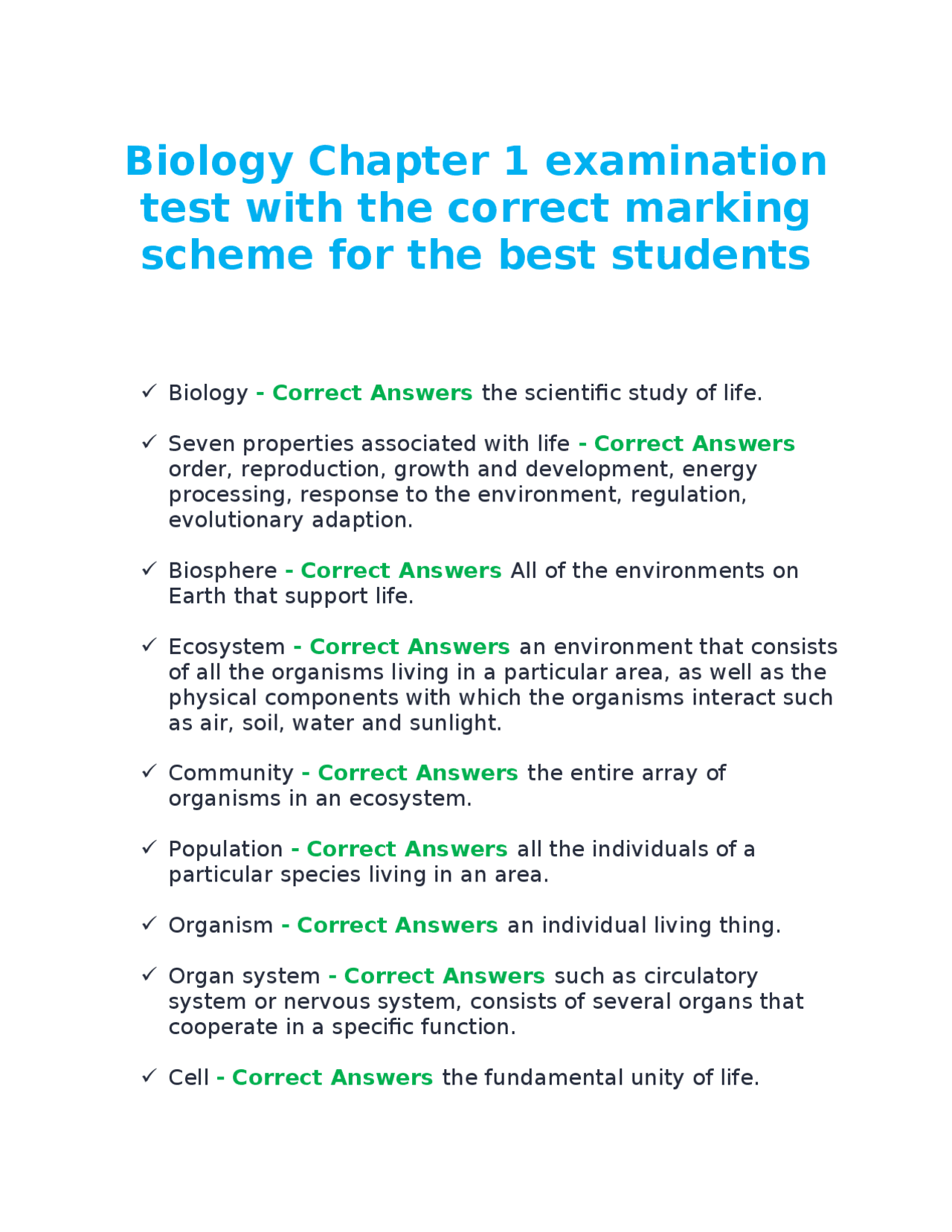 Biology Chapter 1 examination test with the correct marking scheme for ...