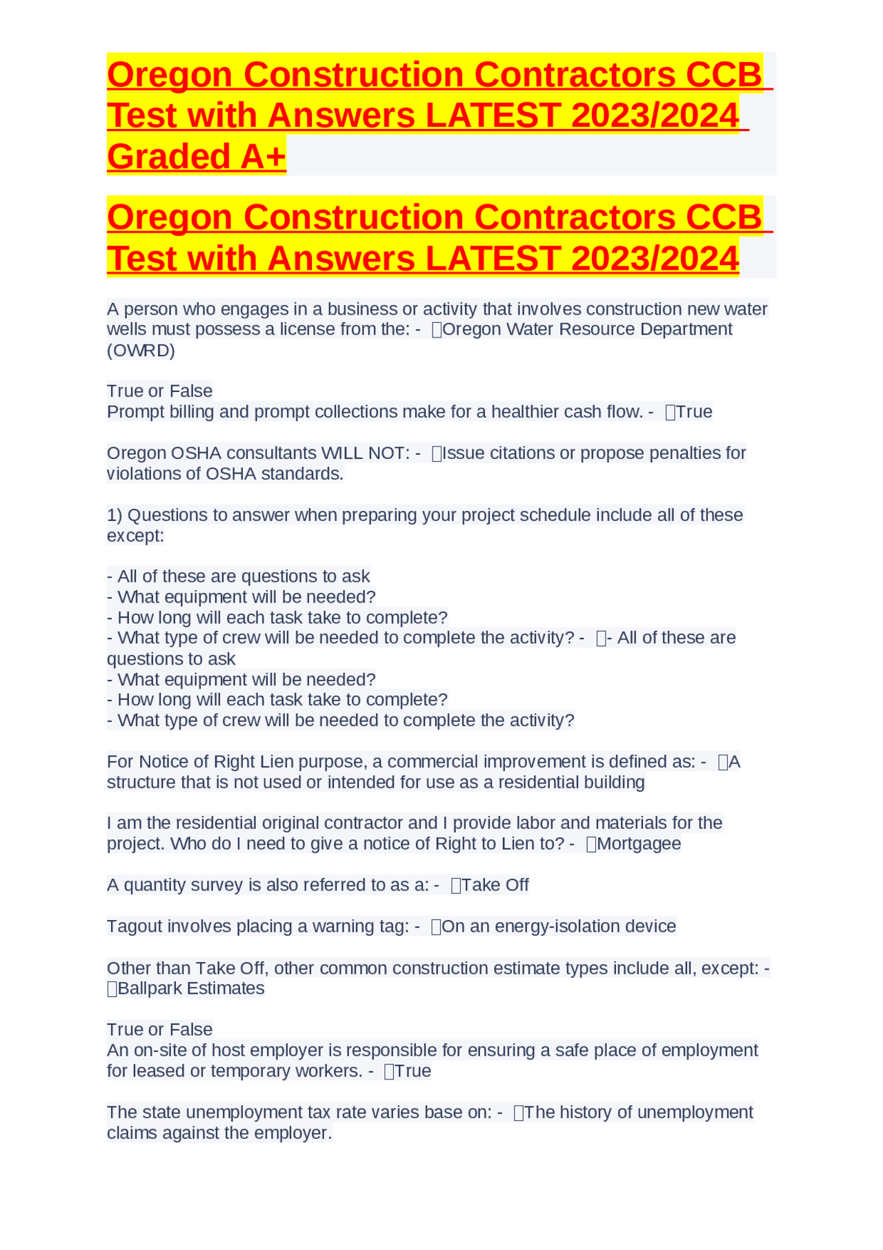 Oregon Construction Contractors CCB Test with Answers LATEST 2023-2024 ...