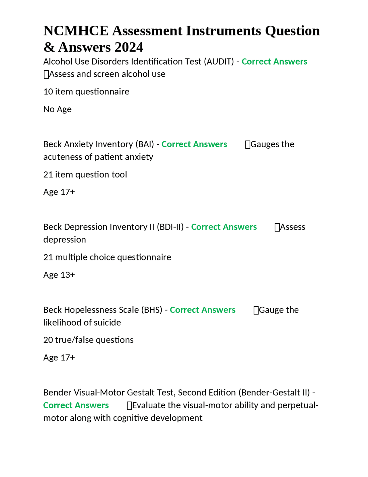 NCMHCE Assessment Instruments Question & Answers 2024 | Exams Nursing ...