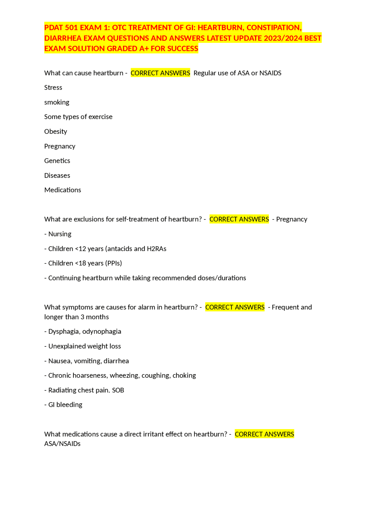 PDAT 501 EXAM 1: OTC TREATMENT OF GI: HEARTBURN, CONSTIPATION, DIARRHEA ...
