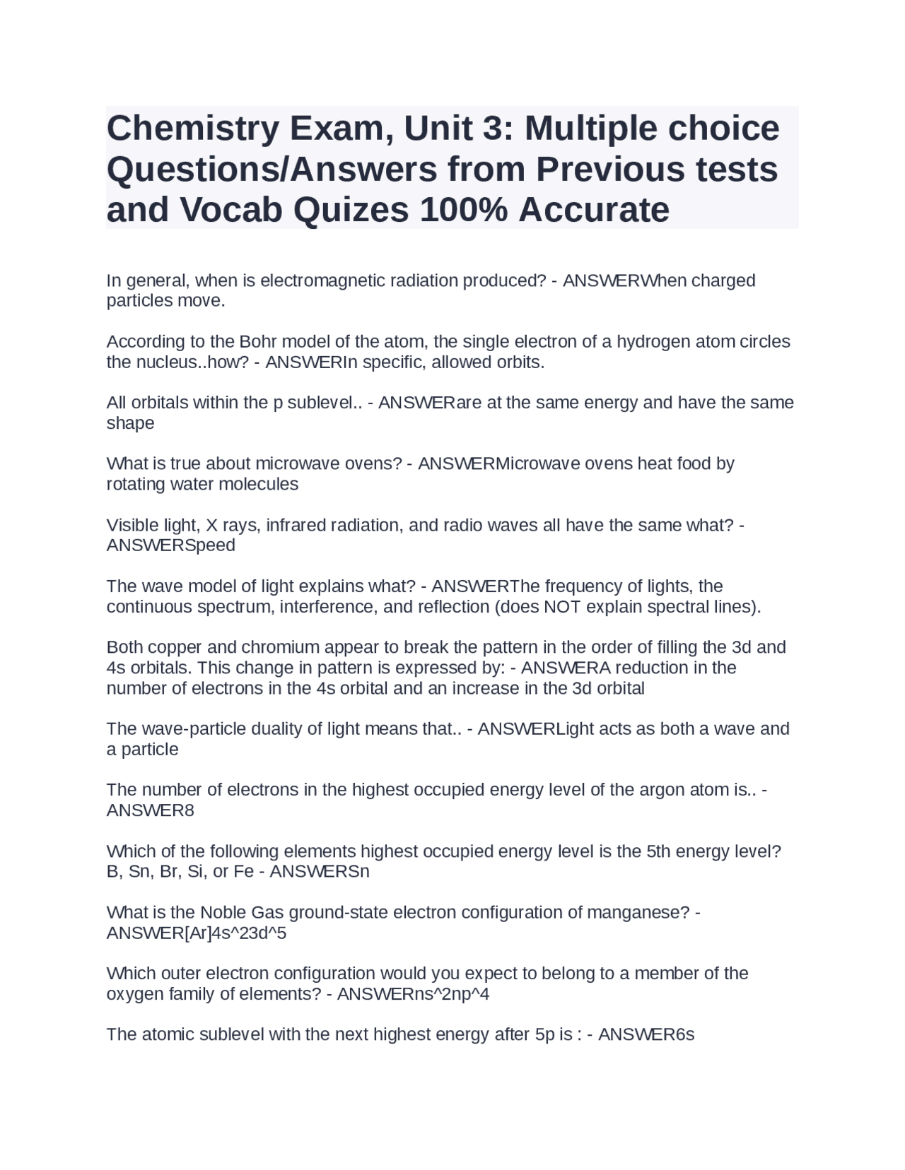 Chemistry Exam, Unit 3: Multiple choice Questions/Answers from Previous ...