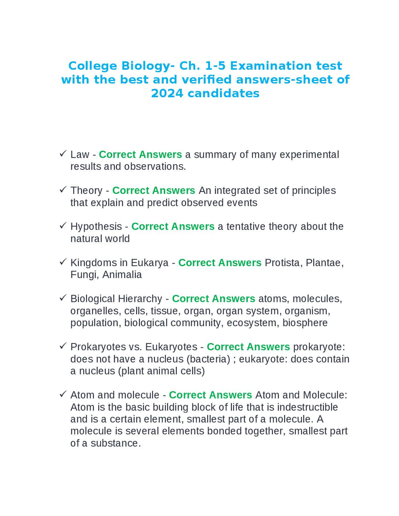 College Biology- Ch. 1-5 Examination test with the best and verified ...